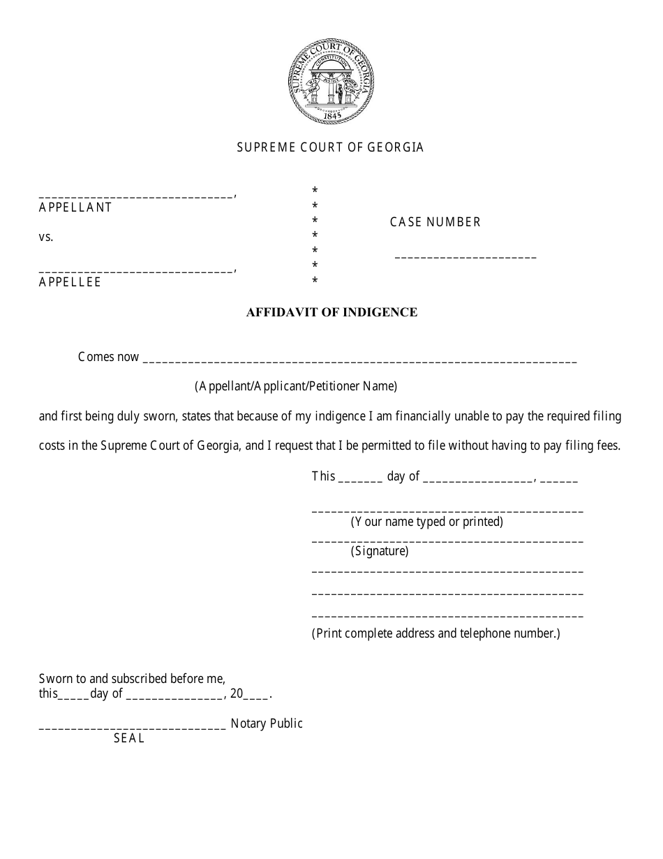 Georgia (United States) Affidavit of Indigence - Fill Out, Sign Online ...
