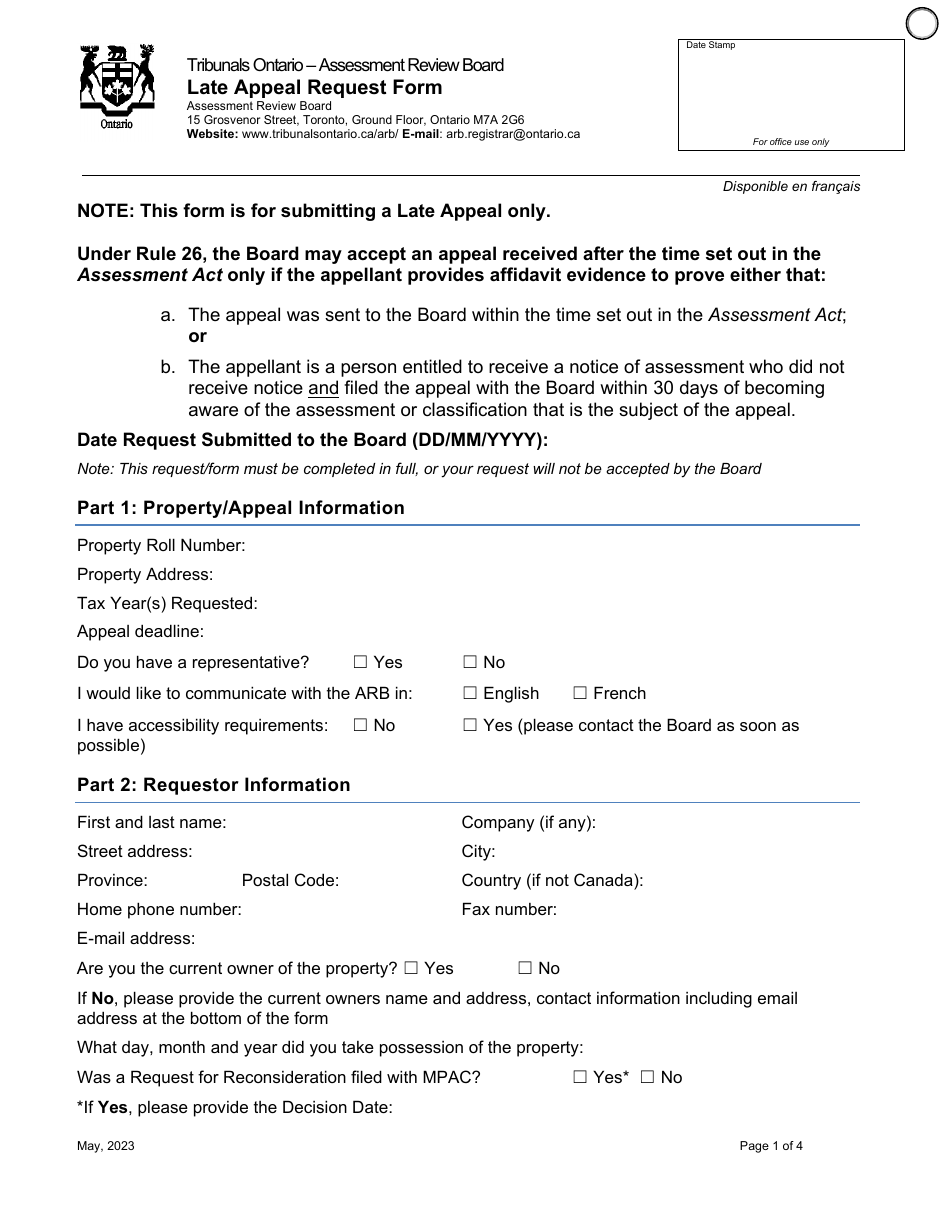 Ontario Canada Late Appeal Request Form Download Fillable PDF 2022 ...