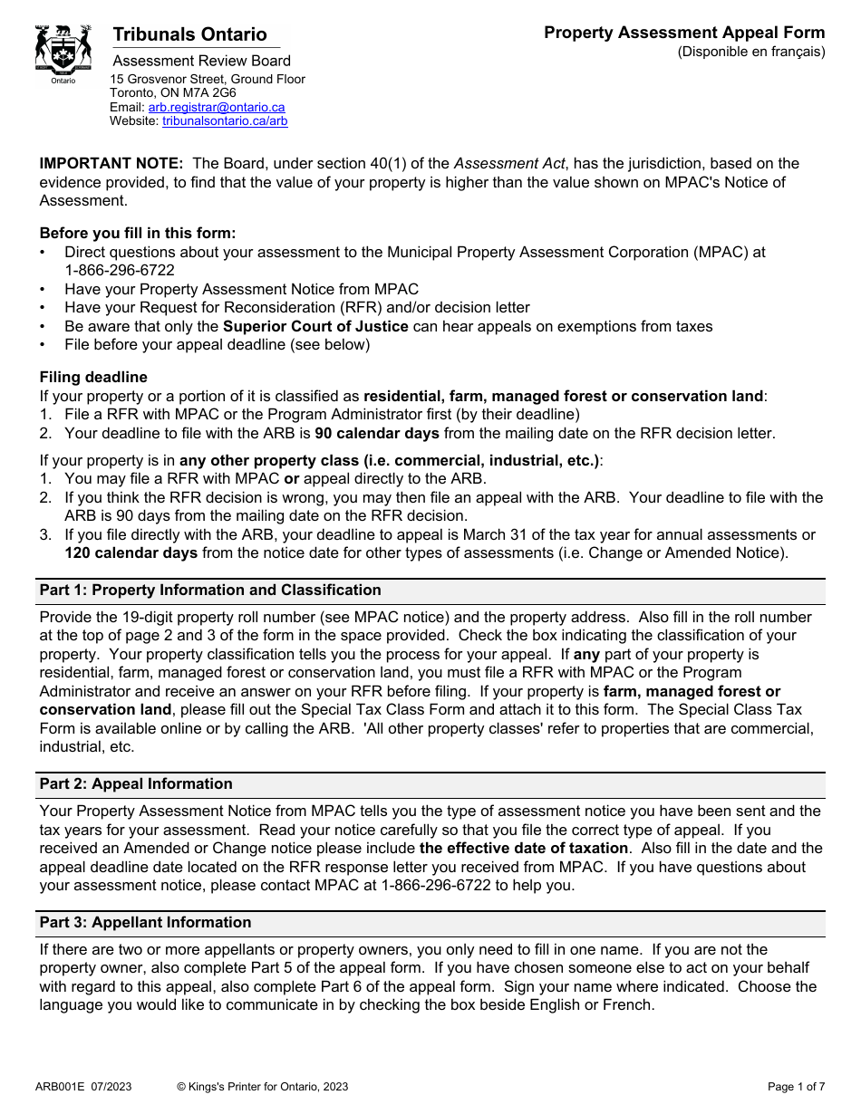 Form ARB001E - Fill Out, Sign Online and Download Fillable PDF, Ontario ...