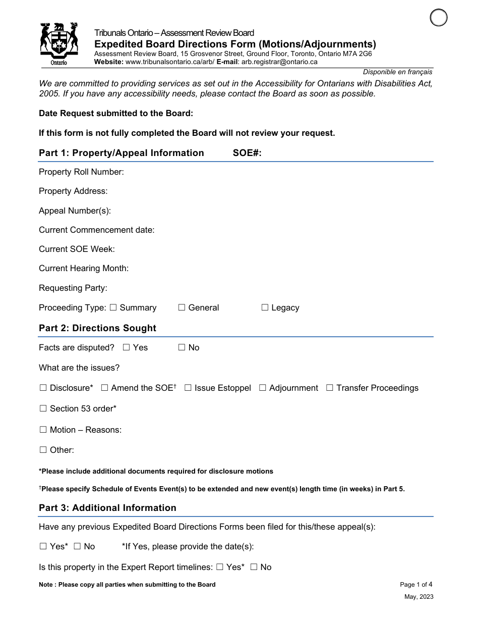 Ontario Canada Expedited Board Directions Form (Motions/Adjournments ...