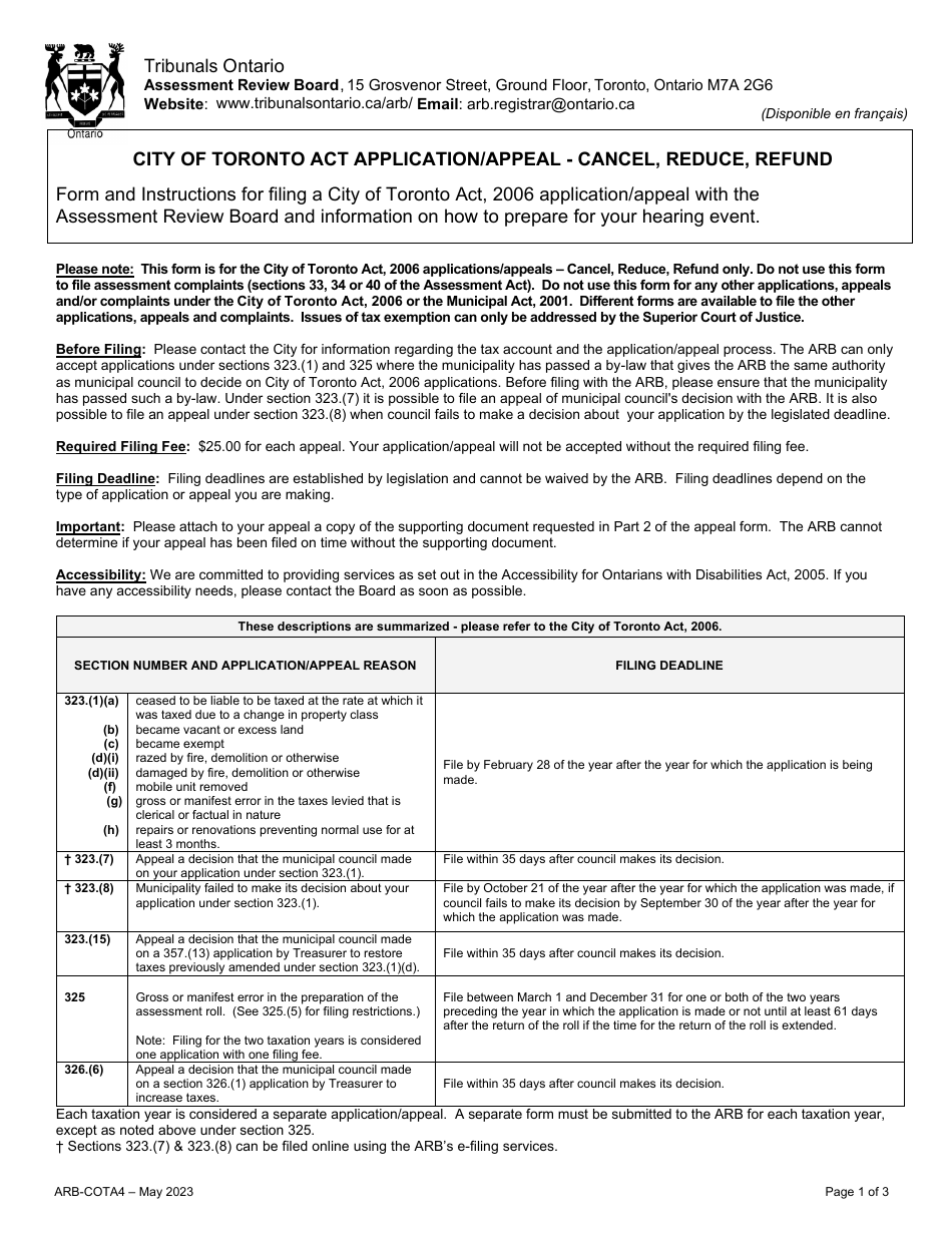 Form ARB-COTA4 Download Fillable PDF or Fill Online City of Toronto Act Application/Appeal ...