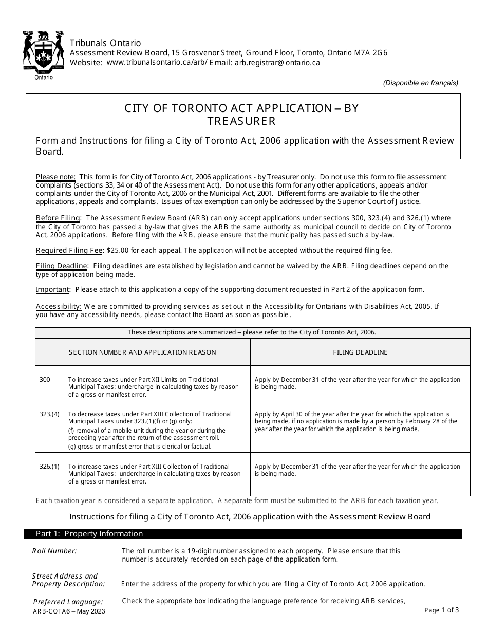 Form ARB-COTA6 Download Fillable PDF or Fill Online City of Toronto Act ...