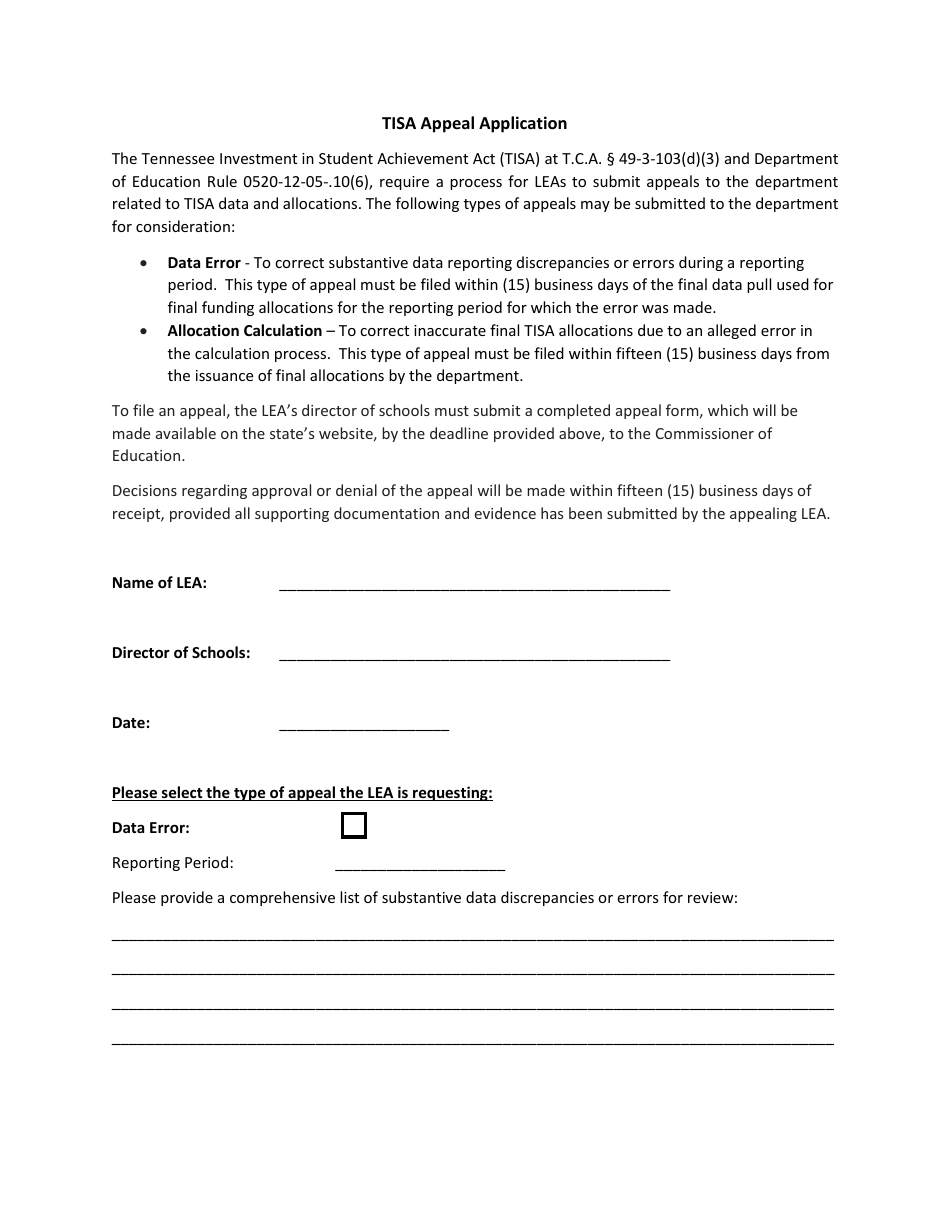 Tennessee Tisa Appeal Application - Fill Out, Sign Online and Download ...