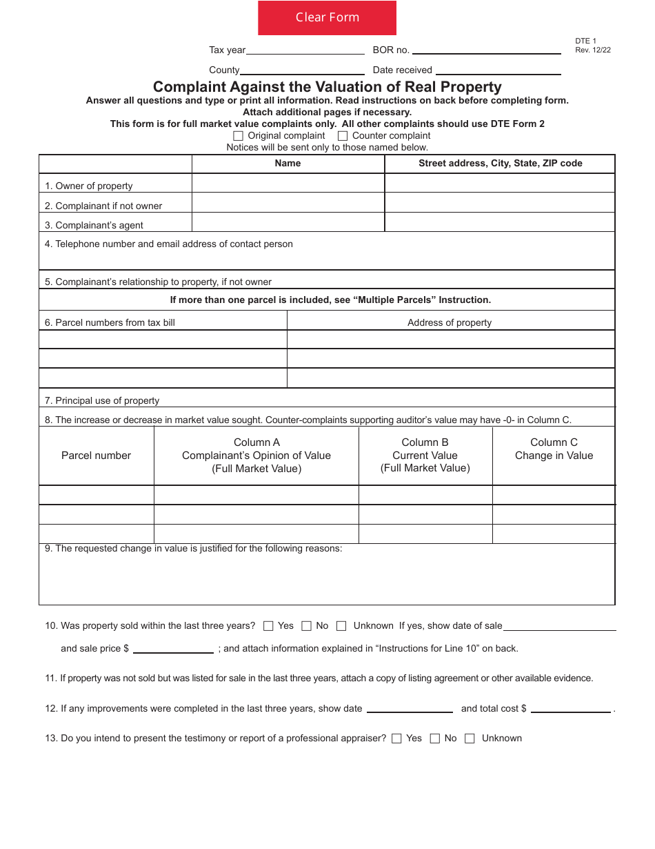 Form DTE1 Download Fillable PDF or Fill Online Complaint Against the ...