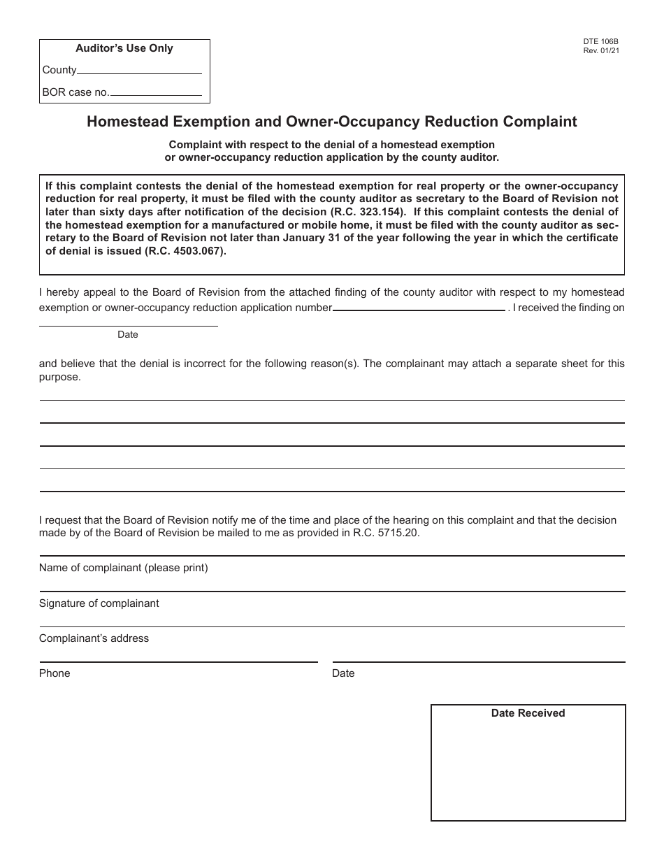 Form DTE106B Download Printable PDF or Fill Online Homestead Exemption ...