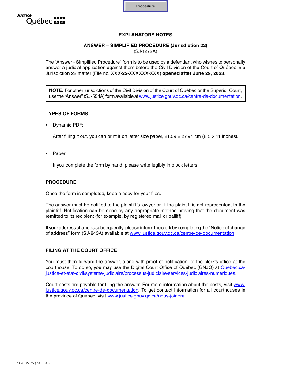 Form SJ-1272A - Fill Out, Sign Online and Download Fillable PDF, Quebec ...