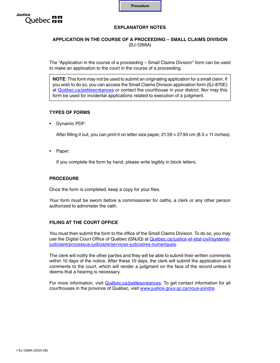 Form SJ-1268A - Fill Out, Sign Online and Download Fillable PDF, Quebec ...