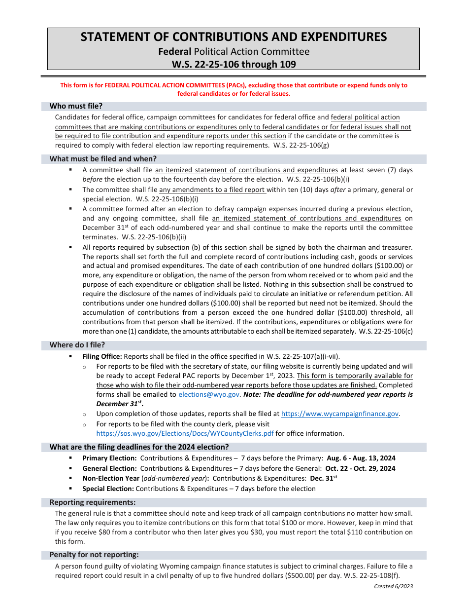 2024 Wyoming Federal Pac Contributions & Expenditures Report ...