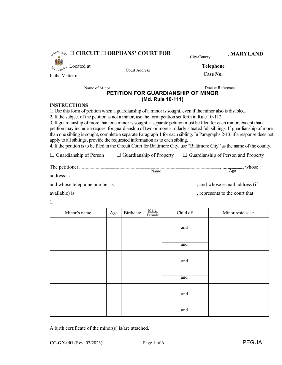 Form CC-GN-001 Download Fillable PDF or Fill Online Petition for Guardianship of Minor, Maryland ...