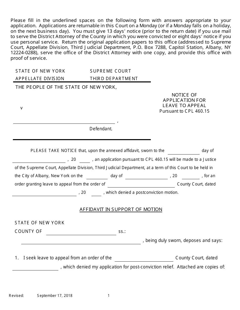 New York Notice of Application for Leave to Appeal Pursuant to Cpl 460. ...