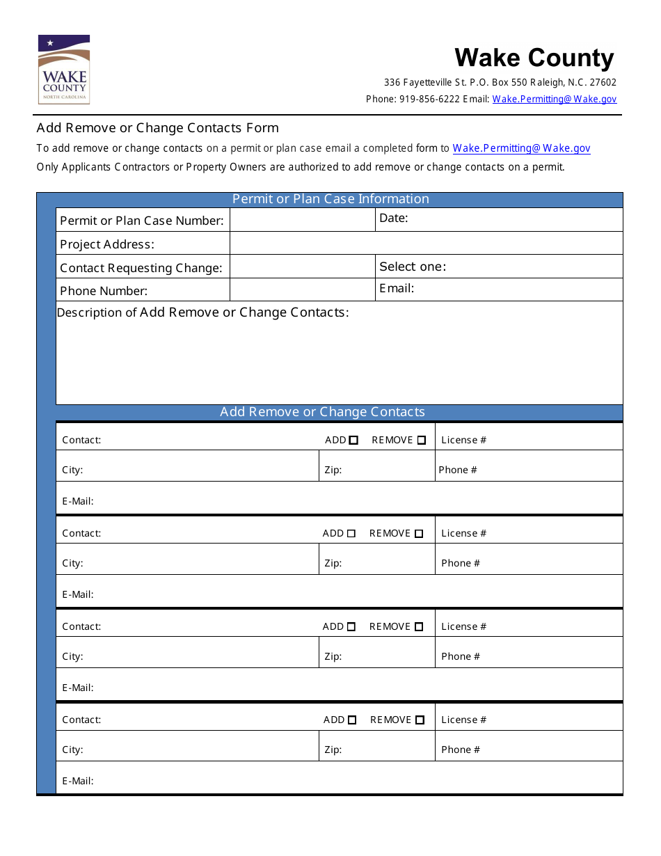 Wake County, North Carolina Add, Remove or Change Contacts Form - Fill ...