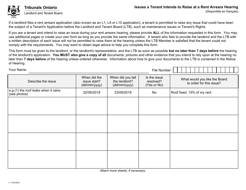 Canada Issues a Tenant Intends to Raise at a Rent Arrears Hearing ...