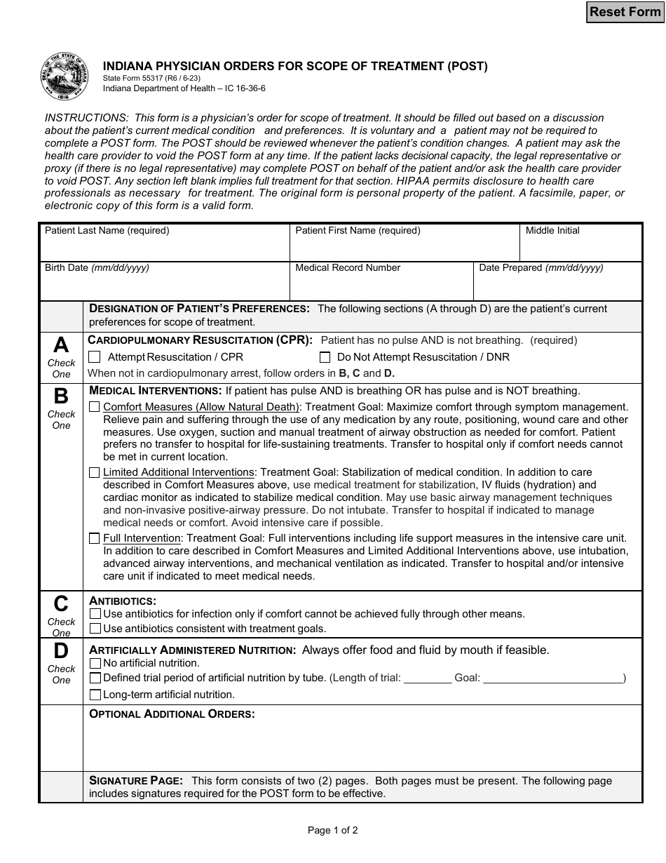 State Form 55317 Download Fillable PDF or Fill Online Indiana Physician ...