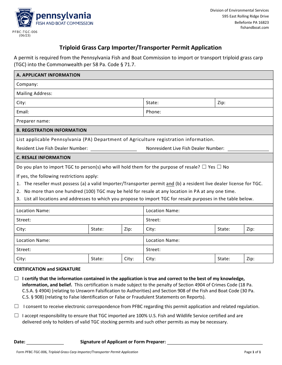 Form PFBC-TGC006 Download Fillable PDF or Fill Online Triploid Grass ...