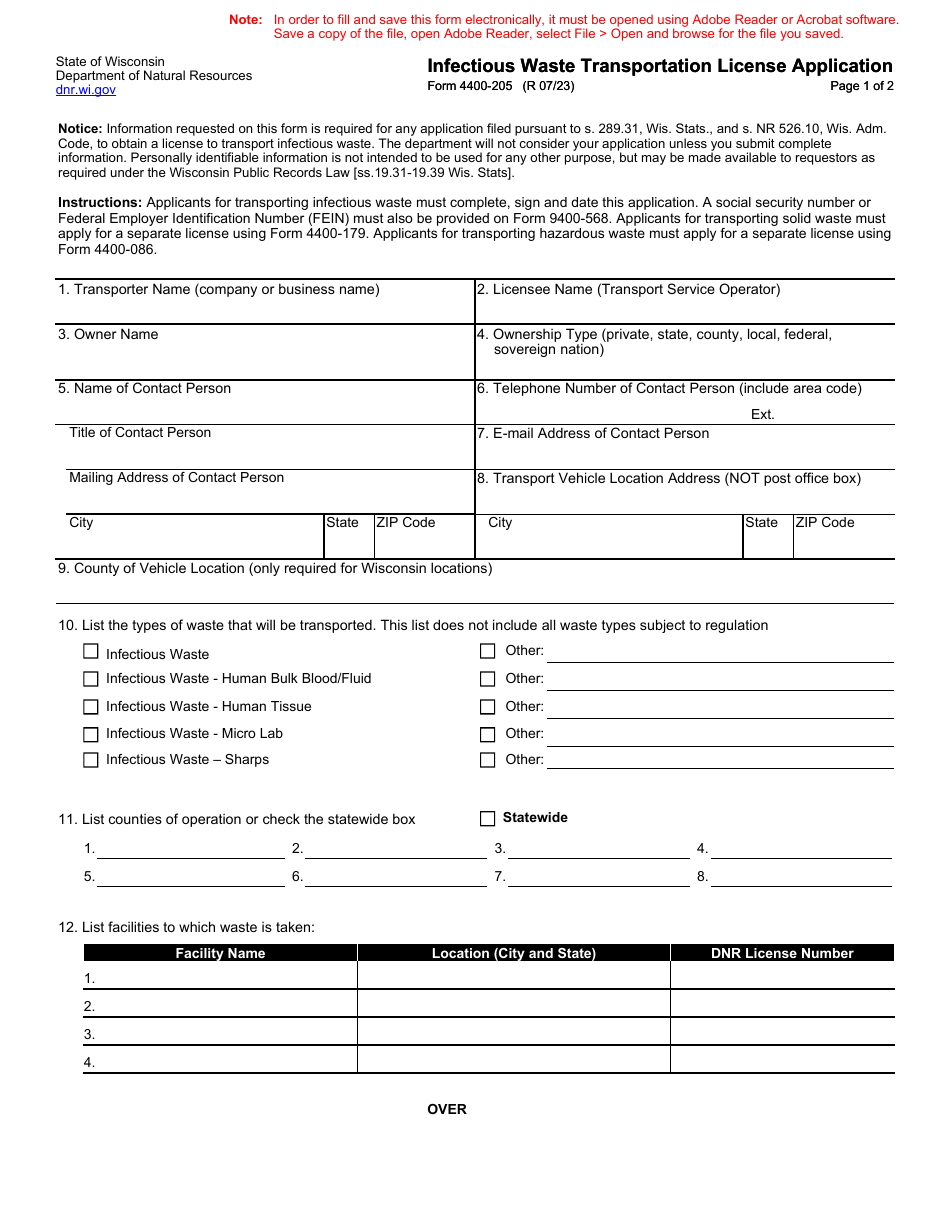 Form 4400-205 Download Fillable PDF or Fill Online Infectious Waste ...