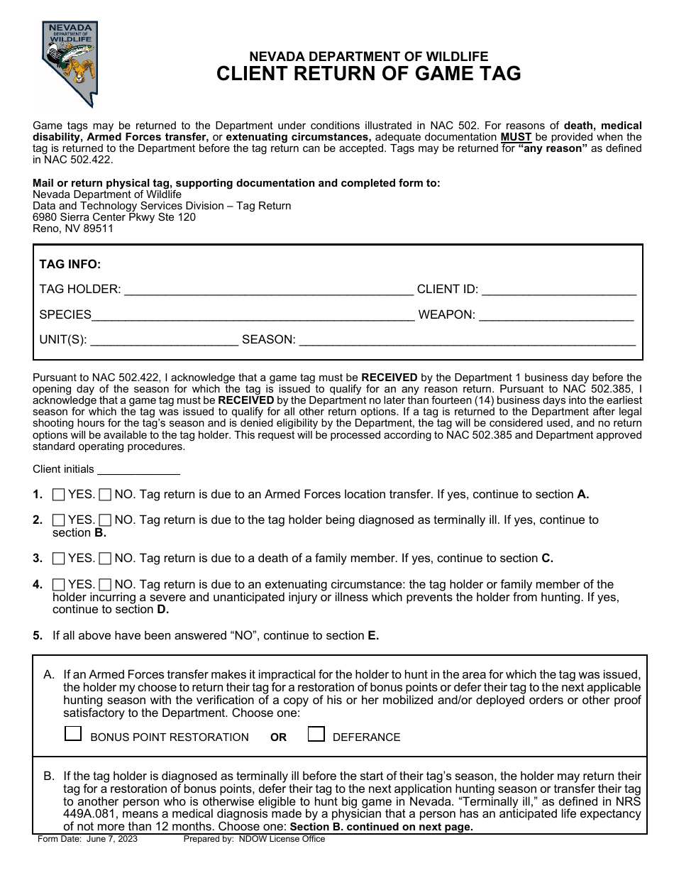 Nevada Client Return of Game Tag Download Printable PDF 2021 — 2024 ...