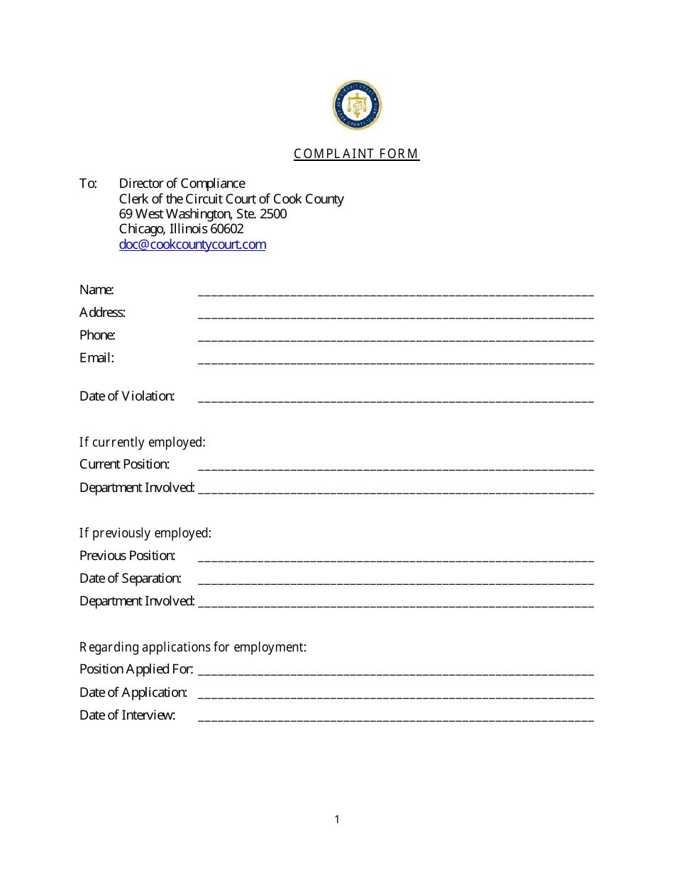 Cook County, Illinois Complaint Form - Fill Out, Sign Online and ...