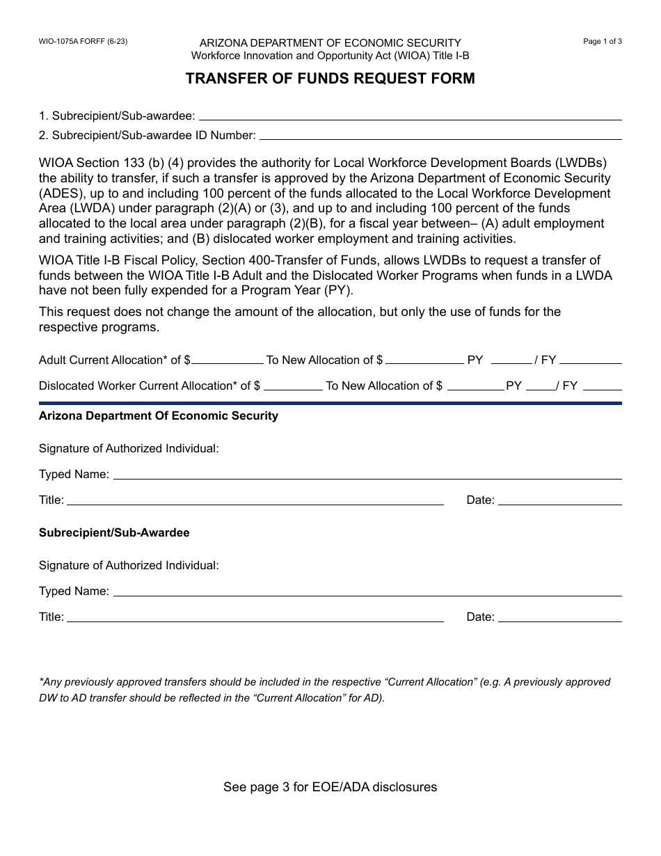 Form WIO-1075A Download Fillable PDF or Fill Online Transfer of Funds Request Form, Arizona ...