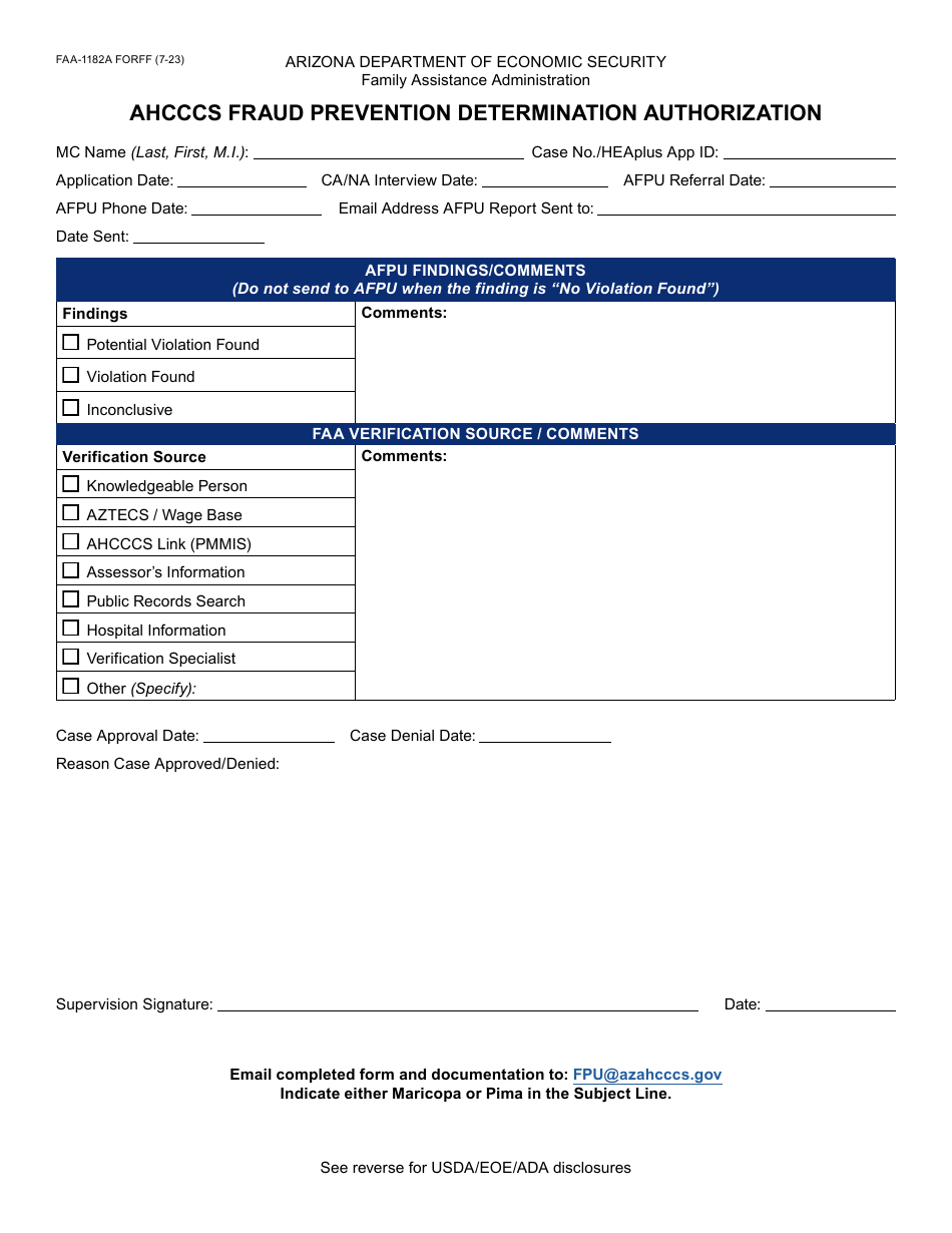 Form FAA-1182A Download Fillable PDF or Fill Online Ahcccs Fraud ...