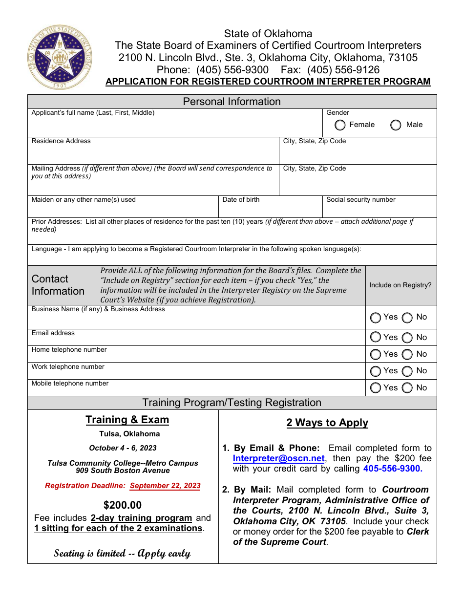2023 Oklahoma Application for Registered Courtroom Interpreter Program ...