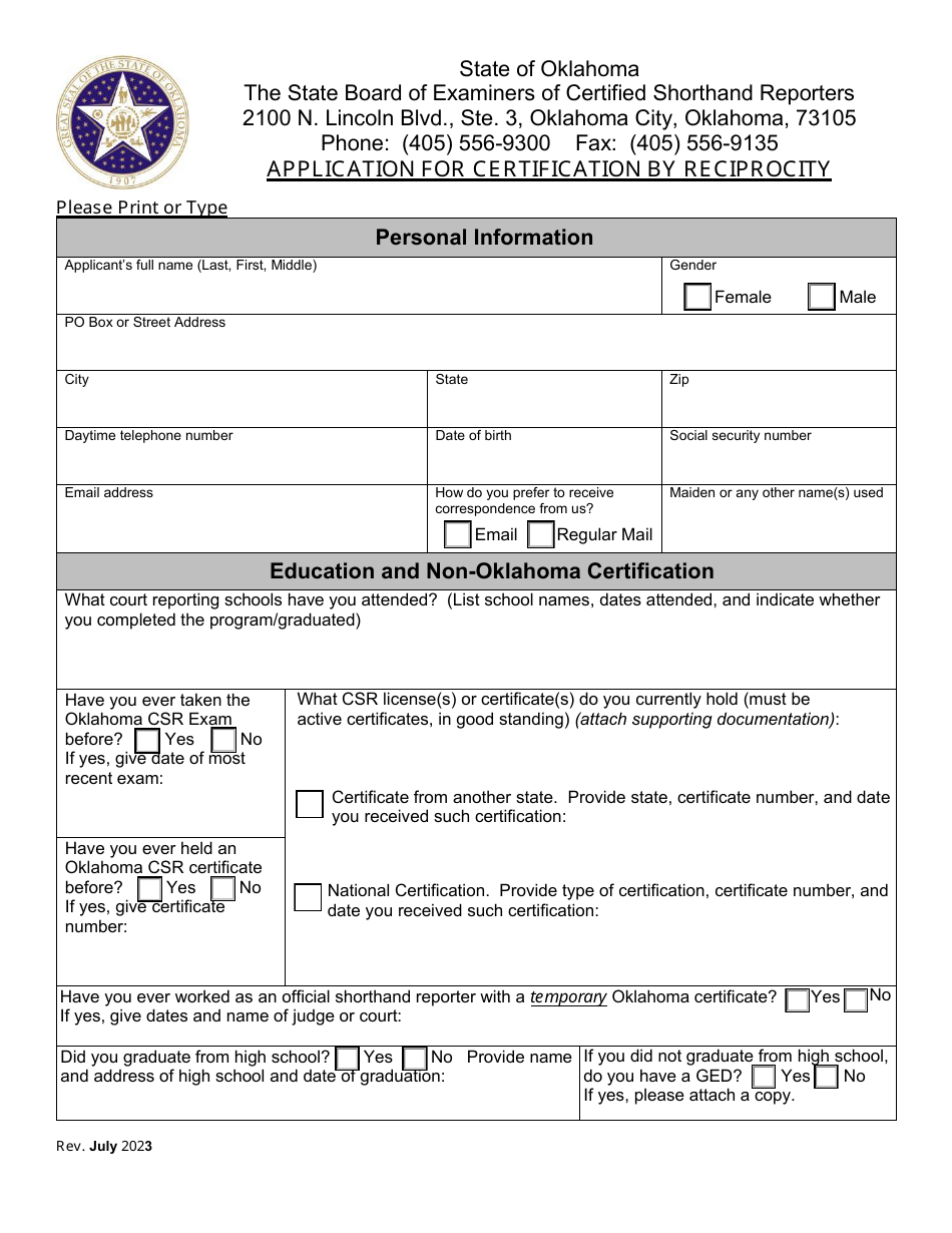 Oklahoma Certified Shorthand Reporters Application for Certification by ...