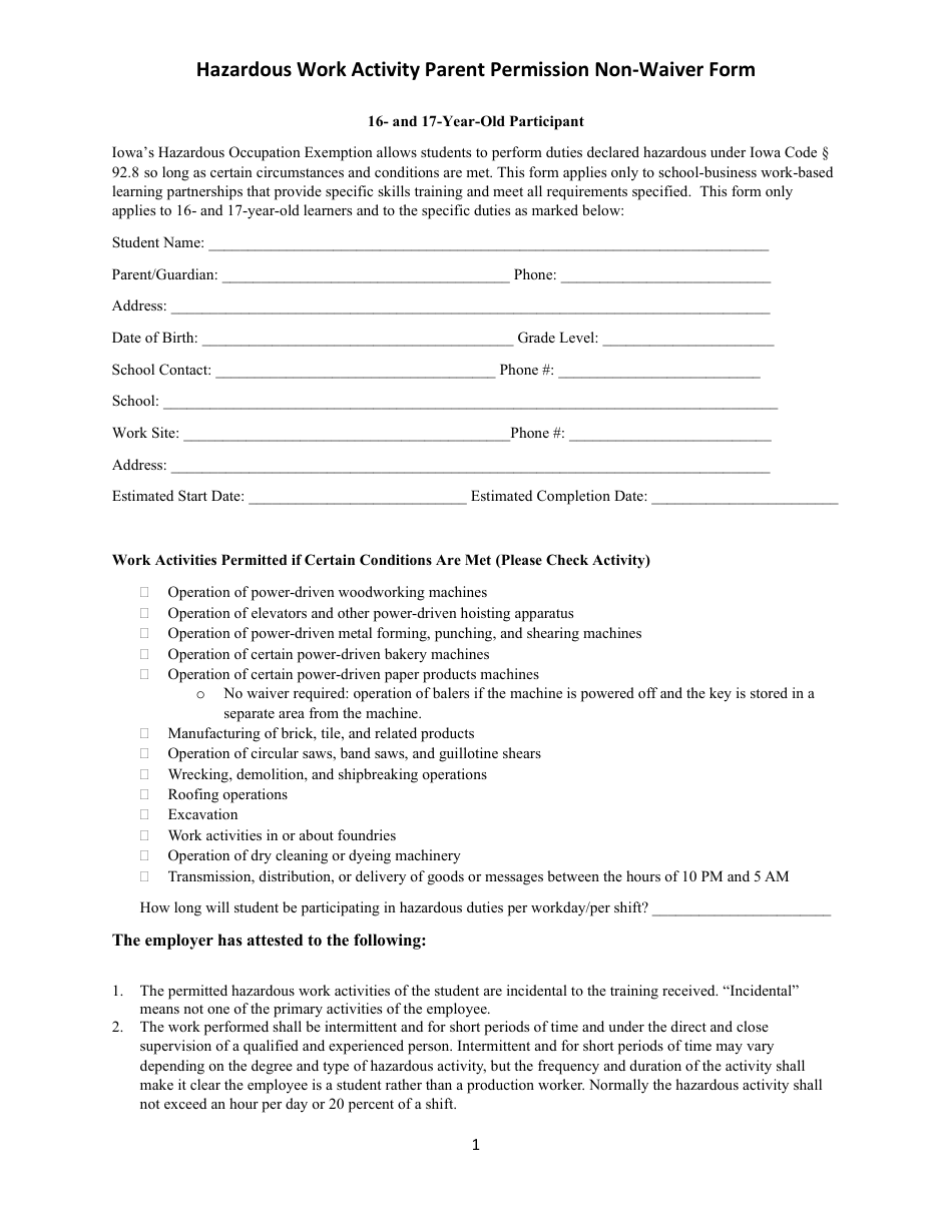 Iowa Hazardous Work Activity Parent Permission Non-waiver Form - 16 ...