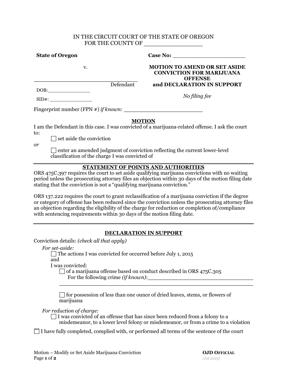 Oregon Motion to Amend or Set Aside Conviction for Marijuana Offense ...