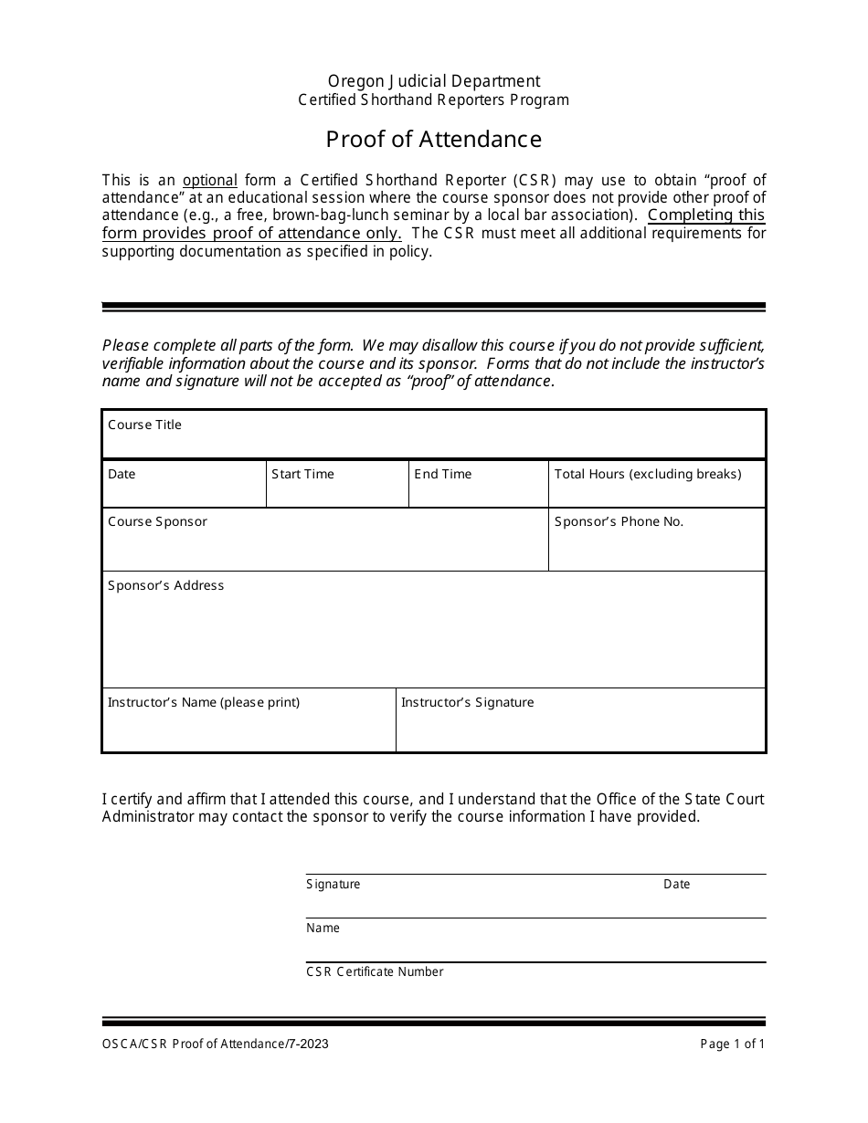 Oregon Continuing Education Proof of Attendance - Certified Shorthand ...