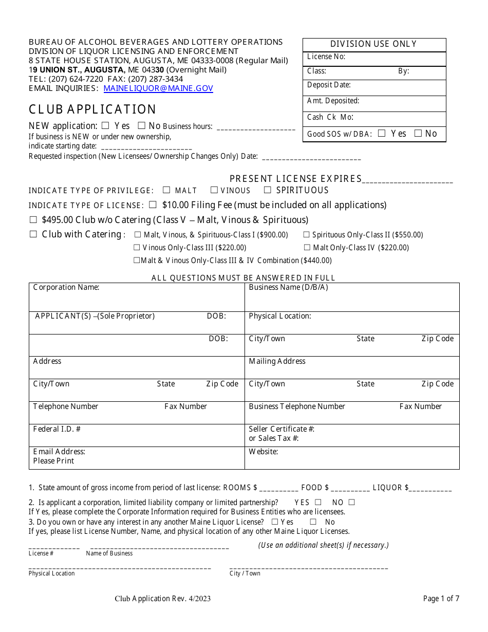 Maine Club Application - Fill Out, Sign Online and Download PDF ...