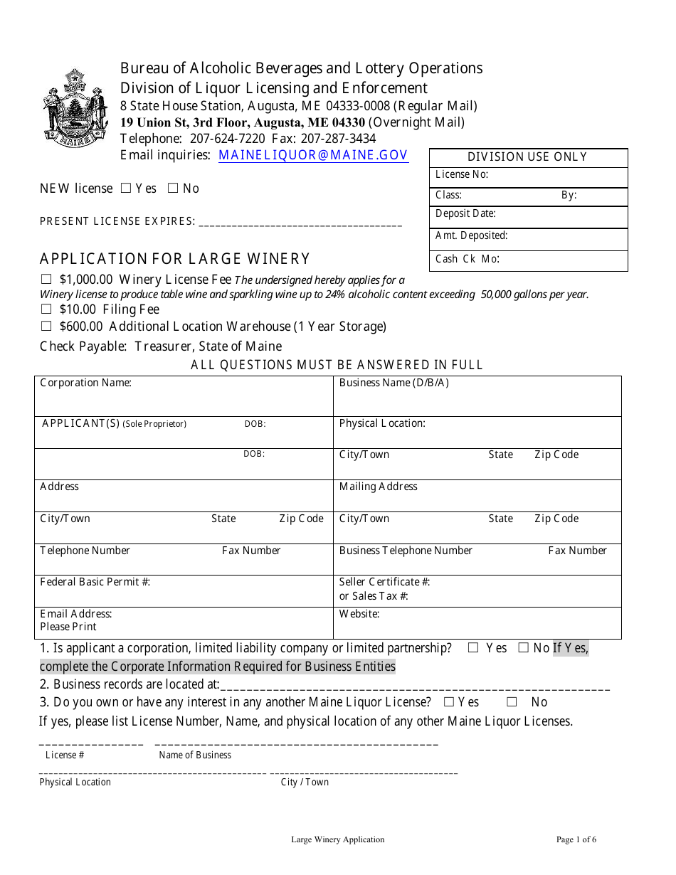 Maine Application for Large Winery Download Printable PDF | Templateroller