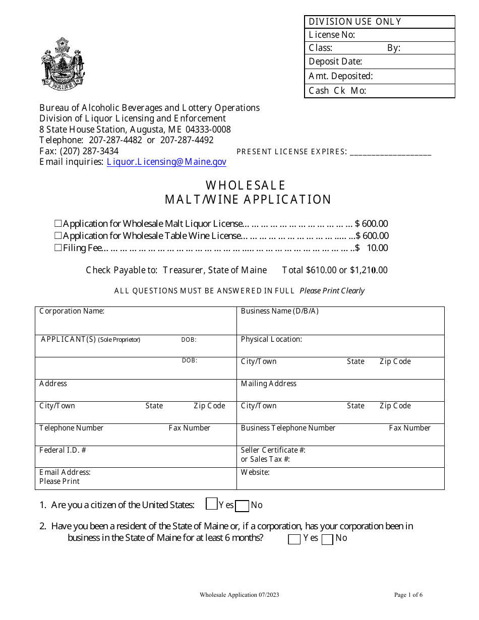 Maine Wholesale Malt/Wine Application Download Fillable PDF | Templateroller