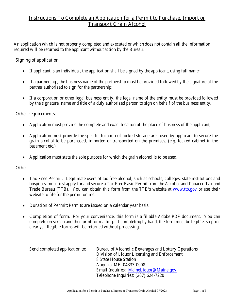 Maine Application for a Permit to Purchase, Import or Transport Grain ...
