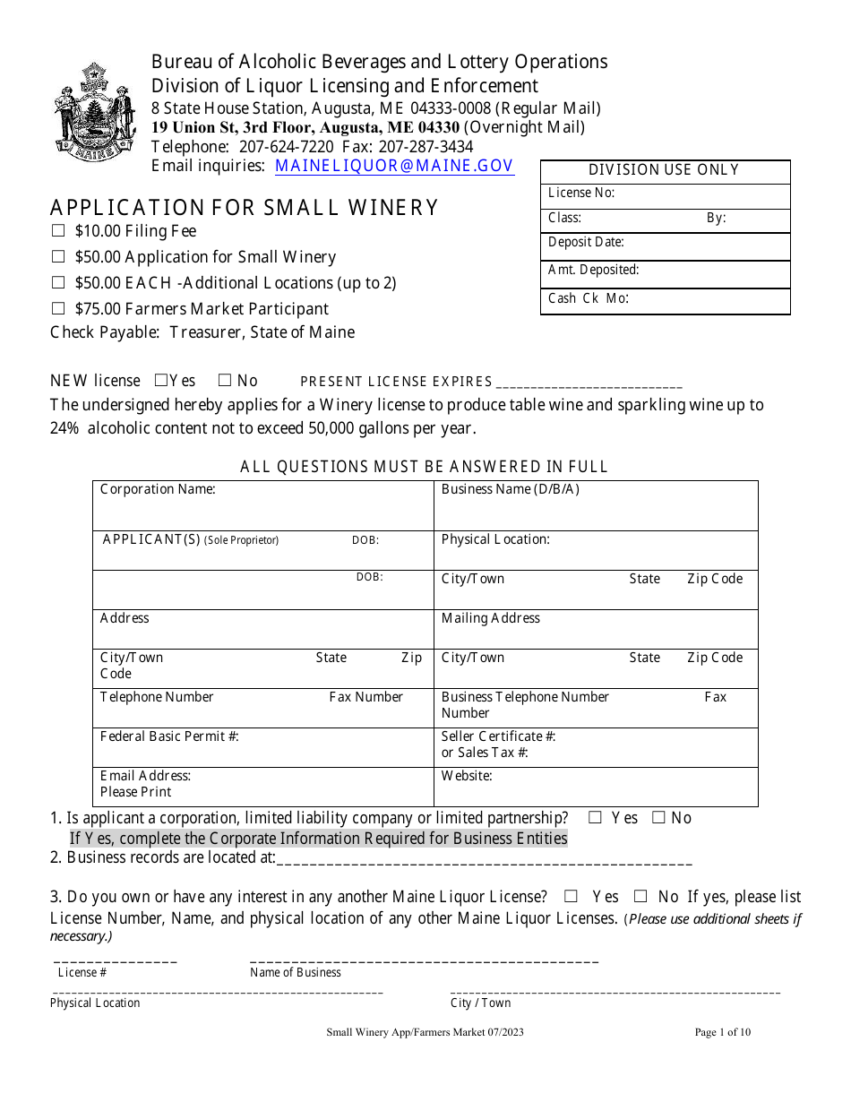 Maine Application for Small Winery - Fill Out, Sign Online and Download ...