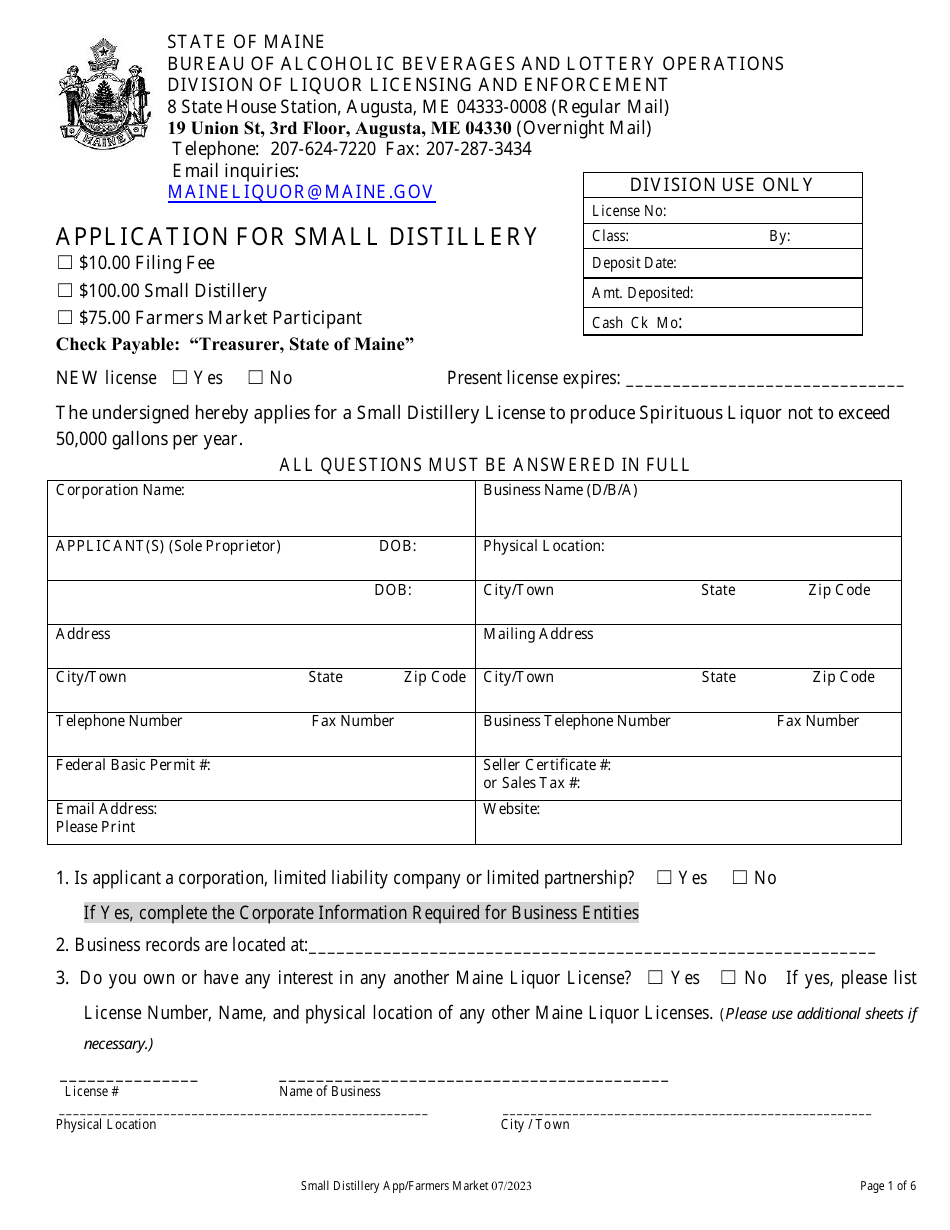 Maine Application for Small Distillery Download Printable PDF 2019 — 2025 | Templateroller