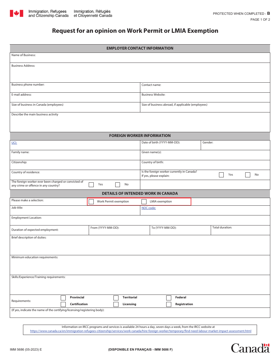 Form IMM5686 Download Fillable PDF Request for an Opinion on Work ...