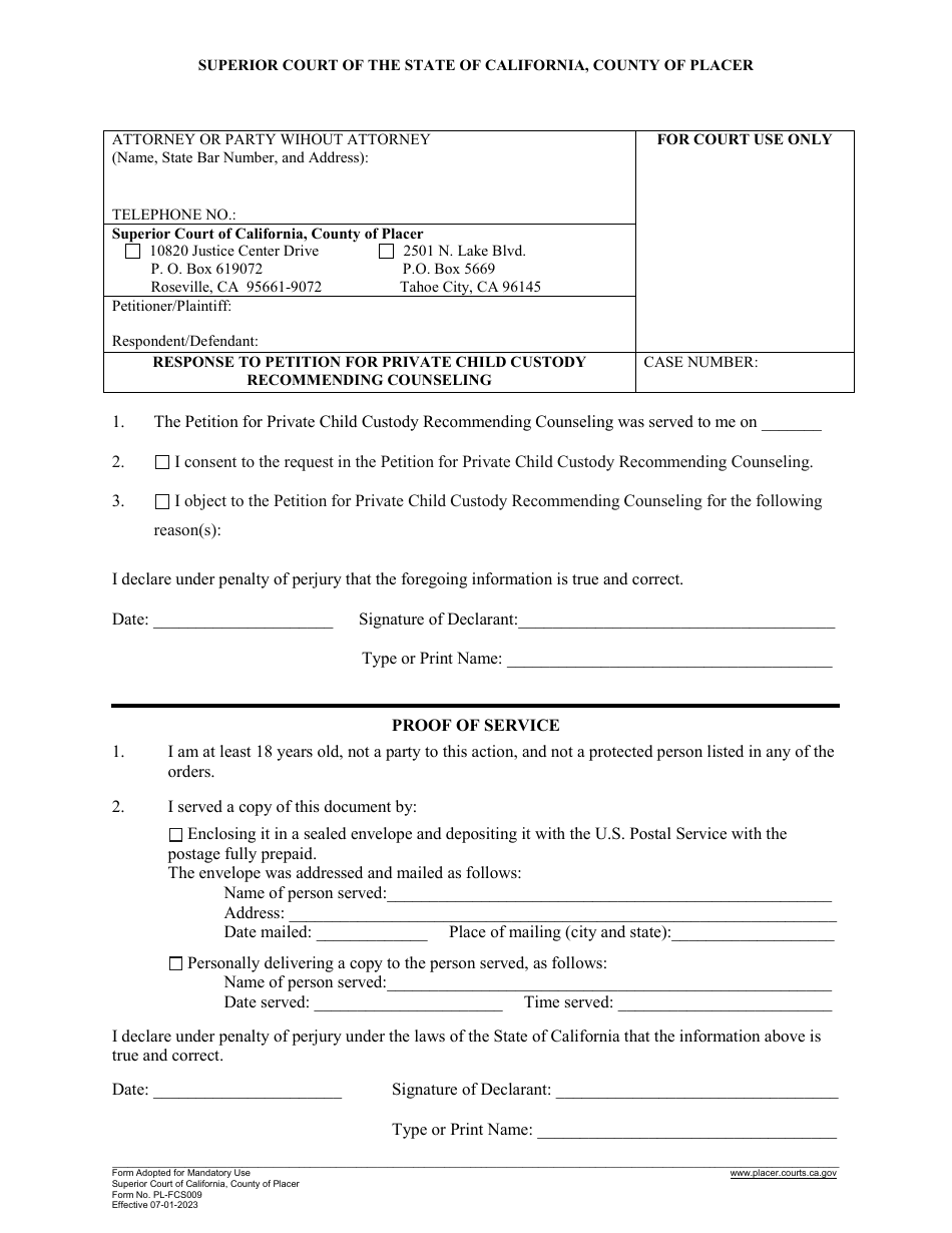 Form PL-FCS009 - Fill Out, Sign Online and Download Fillable PDF, County of Placer, California ...