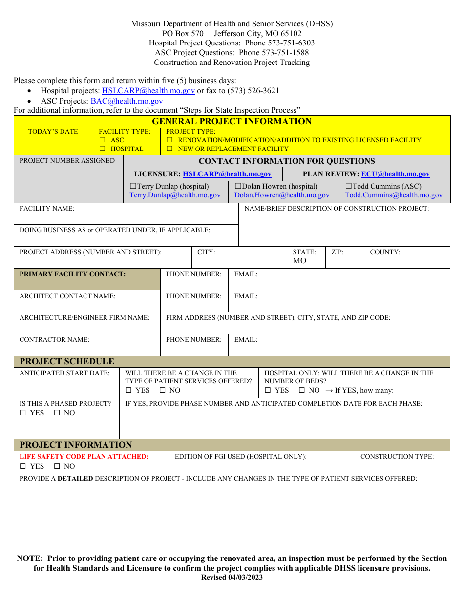 Missouri Construction and Renovation Project Tracking Form Download ...