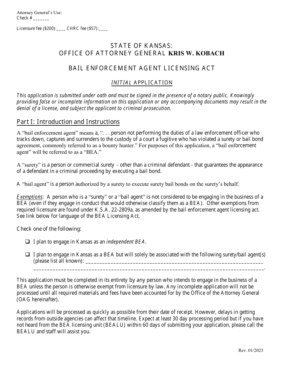 Kansas Bail Enforcement Agent Initial Application Download Printable PDF 2018 — 2024 ...