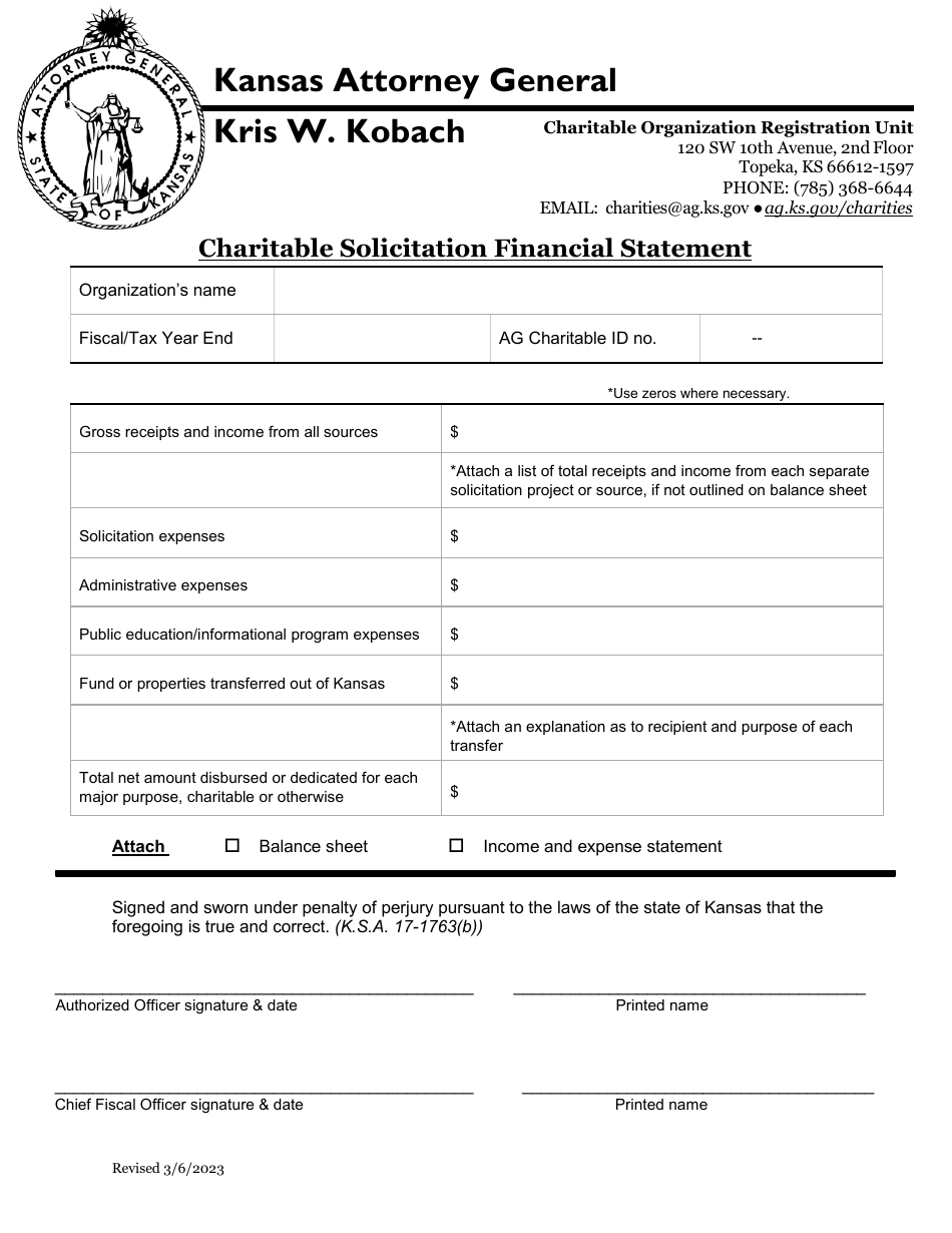 Kansas Charitable Solicitation Financial Statement Download Fillable ...