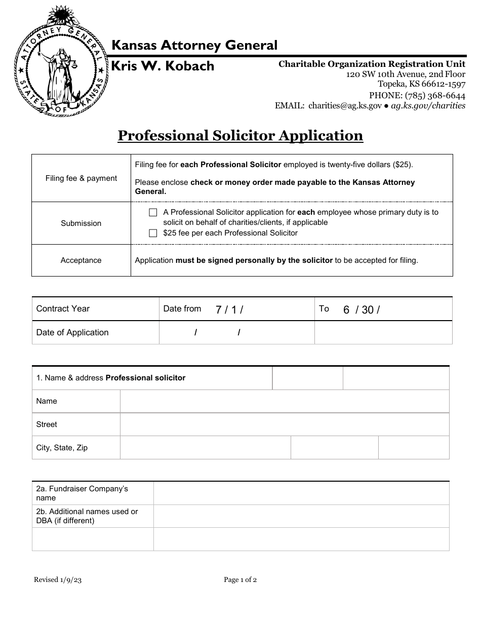 Kansas Professional Solicitor Application Download Fillable PDF 2021 ...