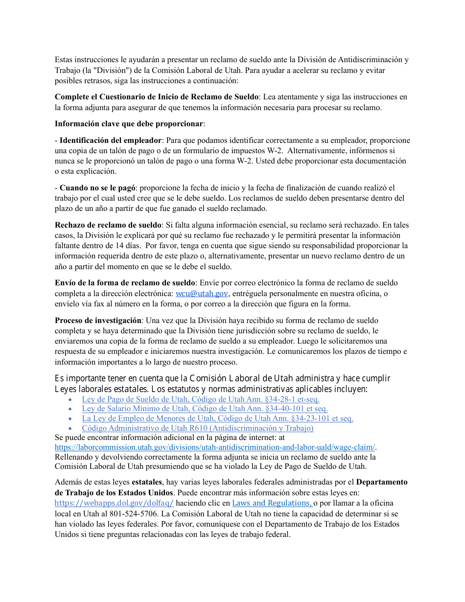 Utah Wage Claim Questionnaire (English/Spanish) - Fill Out, Sign Online ...