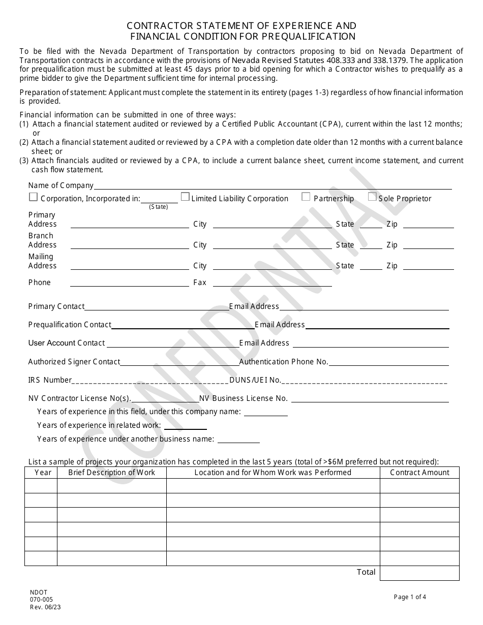NDOT Form 070-005 Download Fillable PDF or Fill Online Contractor ...