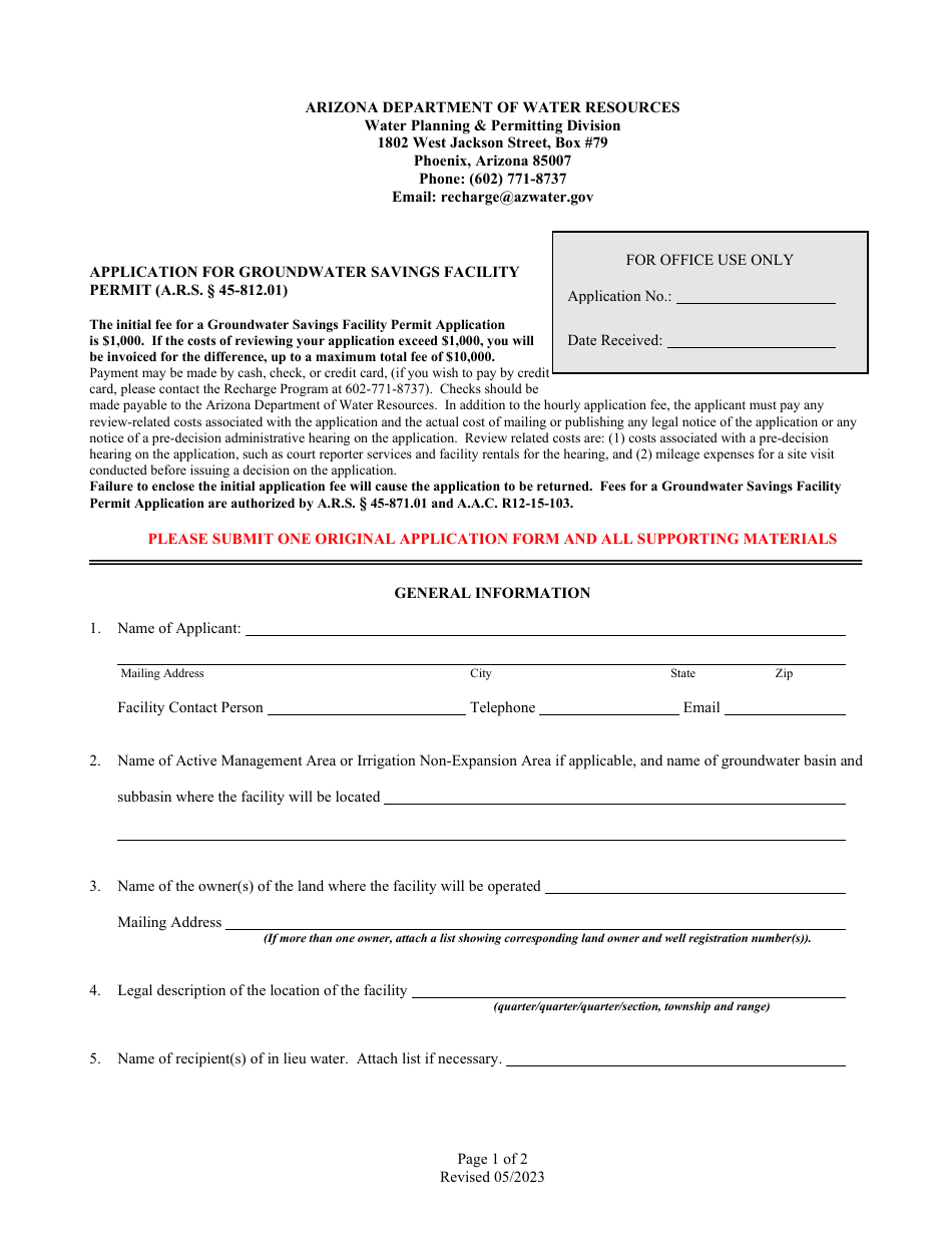 Arizona Application for Groundwater Savings Facility Permit Download ...