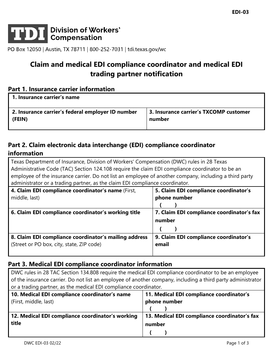 Form DWC EDI-03 Download Fillable PDF or Fill Online Claim and Medical ...