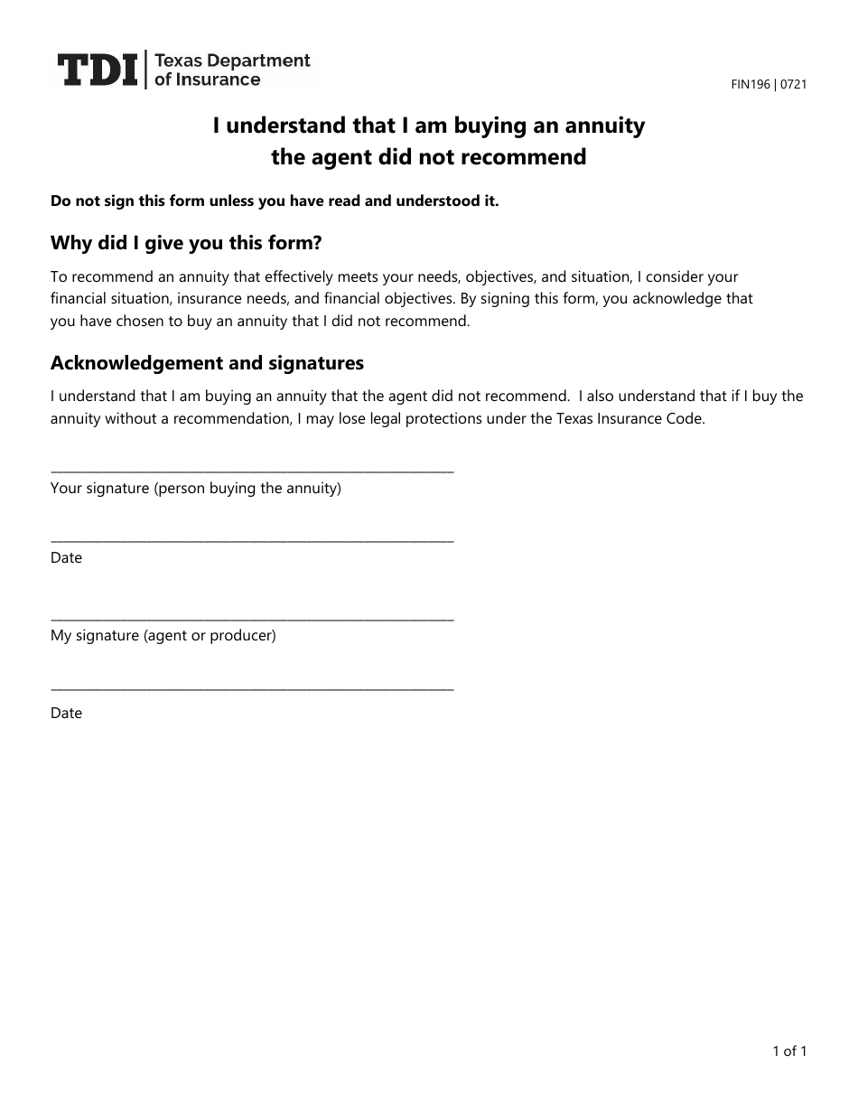 Form FIN196 - Fill Out, Sign Online and Download Fillable PDF, Texas ...