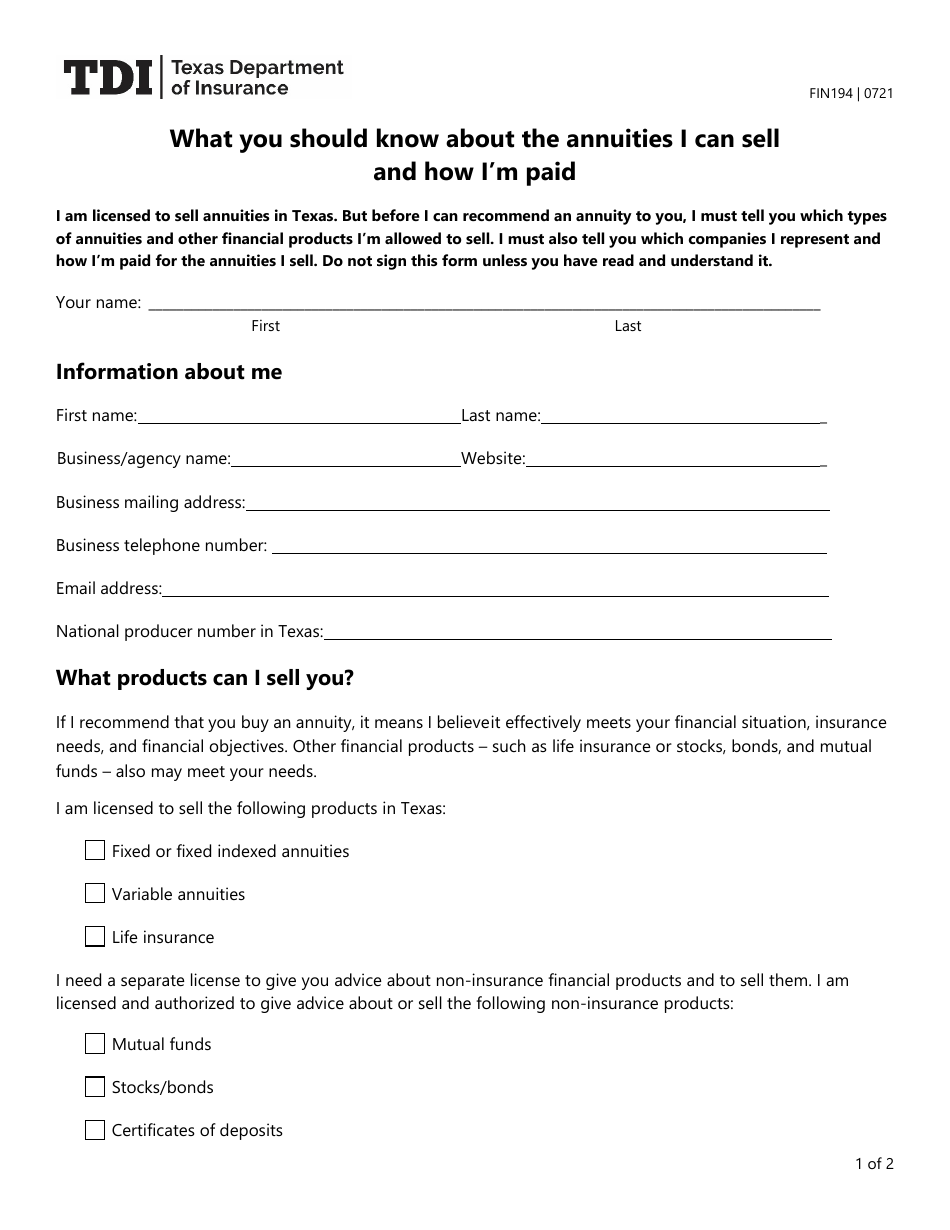 Form FIN194 - Fill Out, Sign Online and Download Fillable PDF, Texas ...
