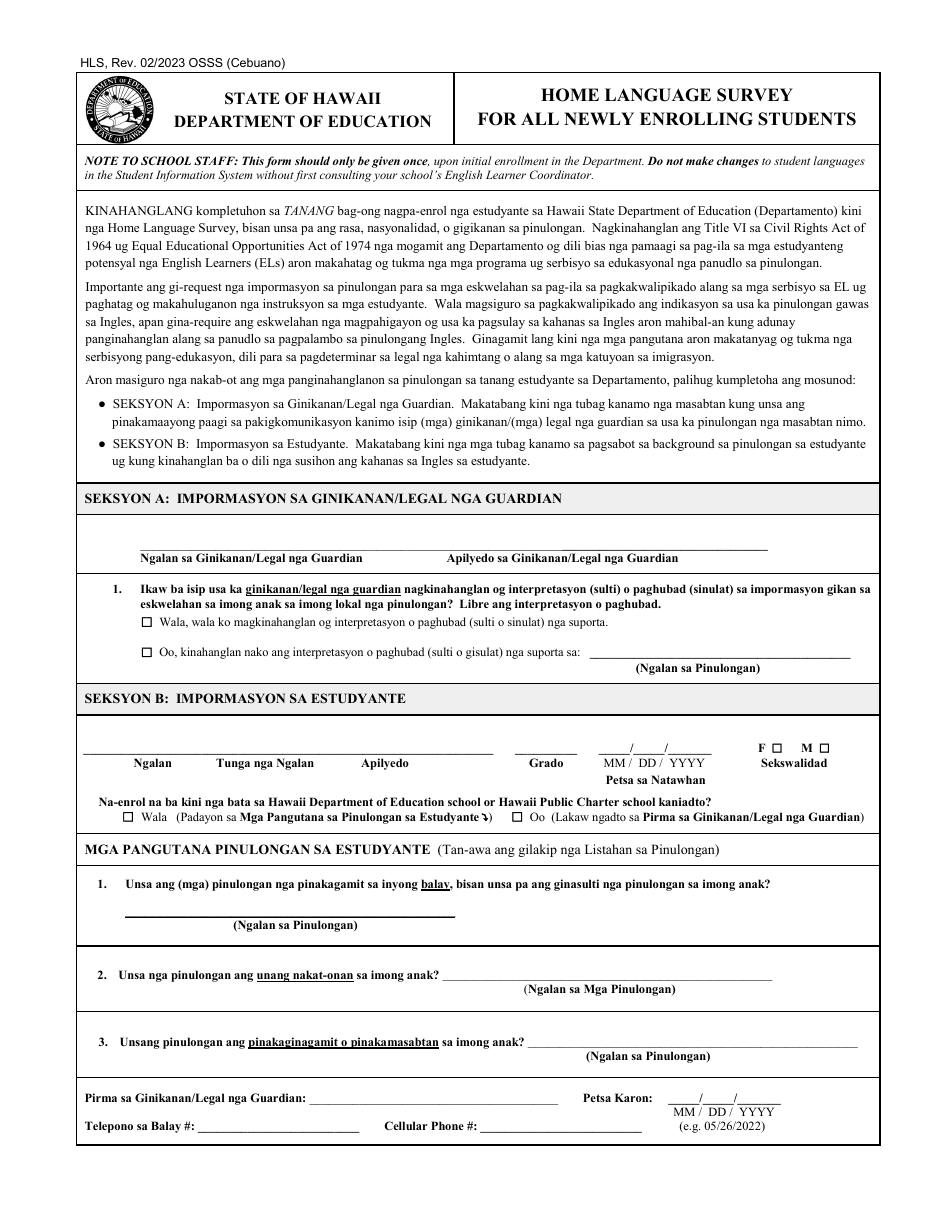 Hawaii Home Language Survey for All Newly Enrolling Students (English ...