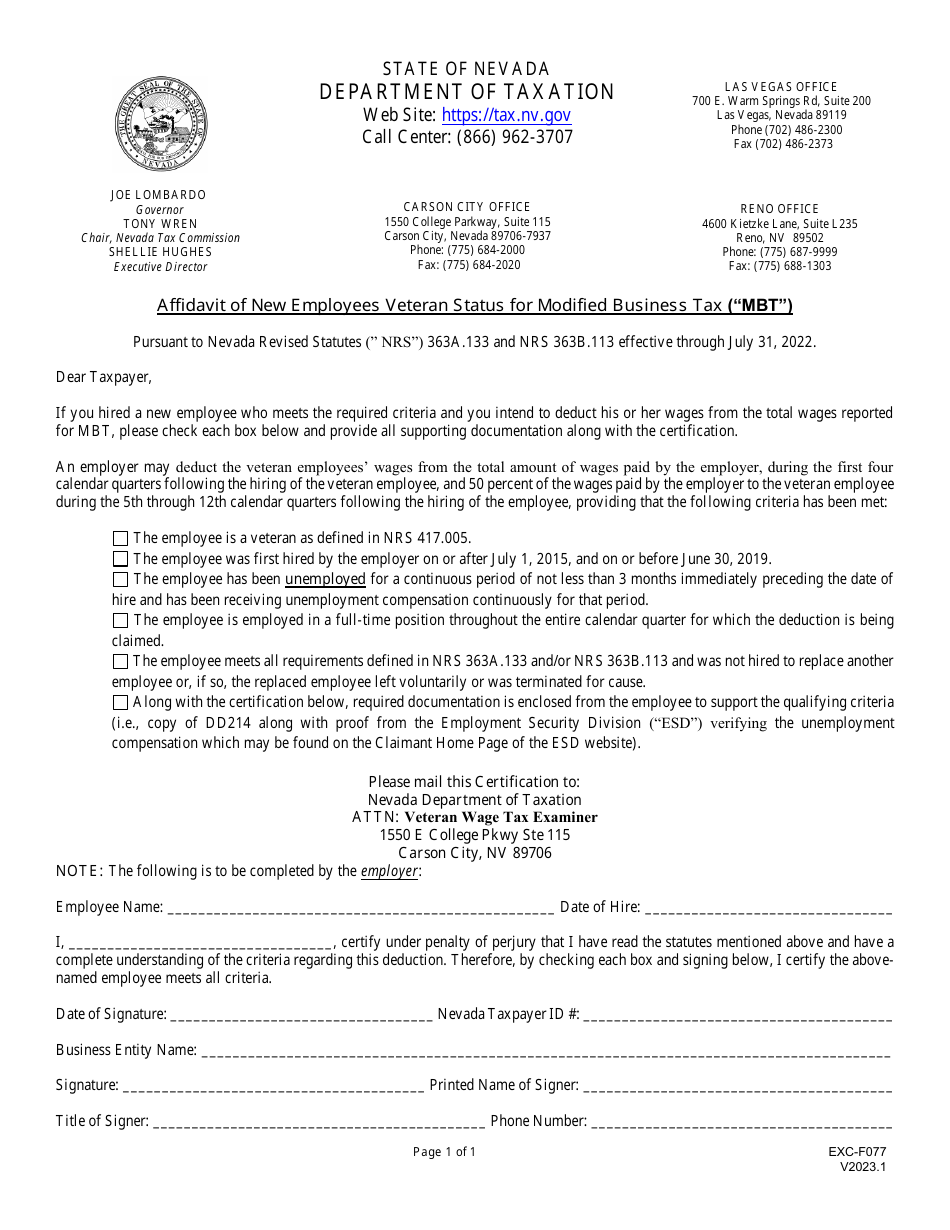 Form EXC-F077 - Fill Out, Sign Online and Download Fillable PDF, Nevada ...
