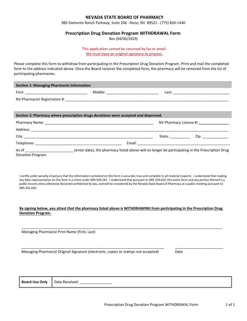 Nevada Prescription Drug Donation Program Withdrawal Form - Fill Out, Sign Online and Download ...