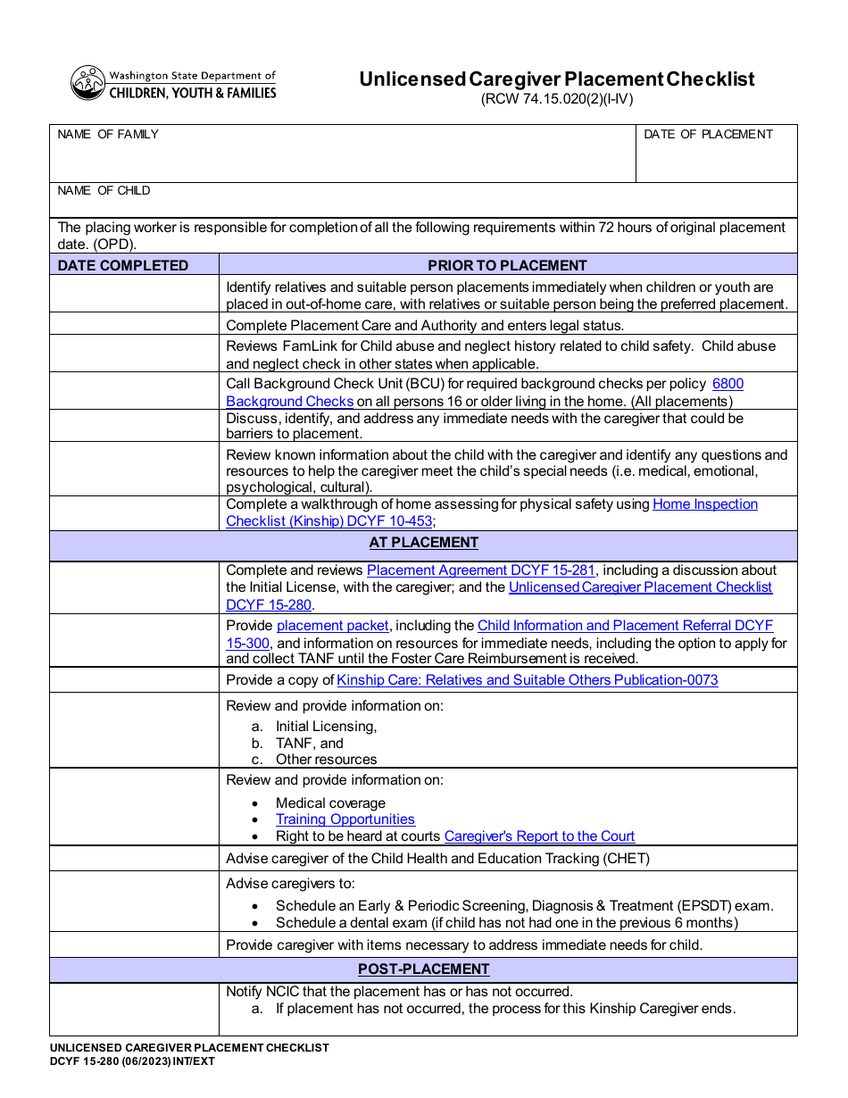 DCYF Form 15-280 Download Fillable PDF or Fill Online Unlicensed ...